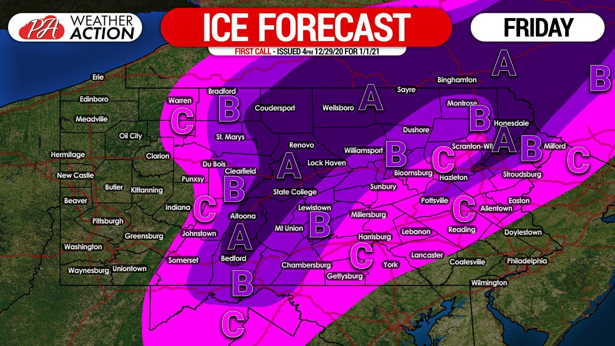 First Call Ice Accumulation Forecast for Friday (New Year's Day 2021)