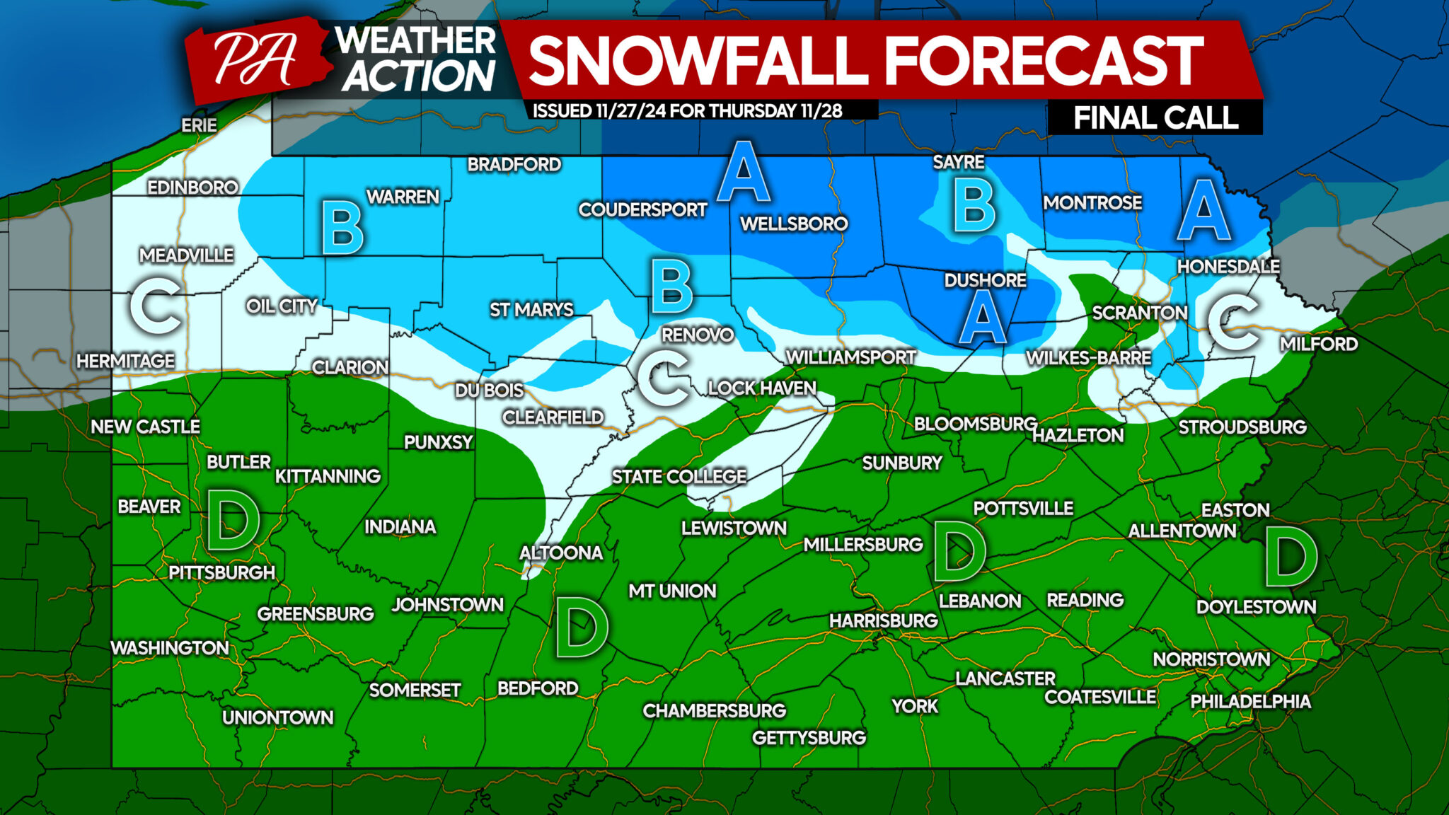 Final Call Snowfall Forecast for Thanksgiving Storm in PA: More Wet ...